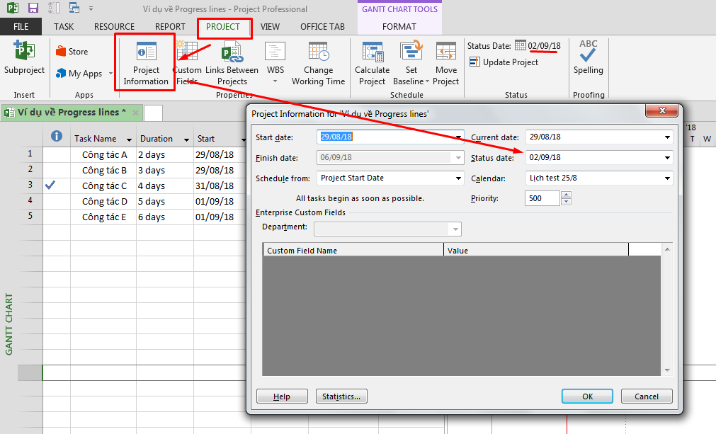 Bật Progress lines trong Ms Project ~ ĐÀM TÀI CAP