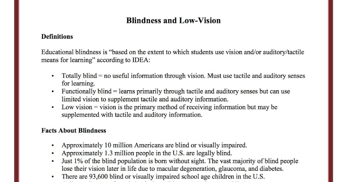 Exceptional Children Resources : Blindness/Low Vision Handout