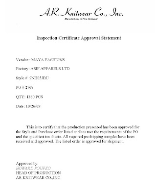 INSPECTION CERTIFICATE