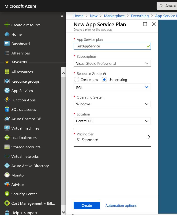 Azure App Service Plan creation | C#.NET,SQL Server and Microsoft Azure