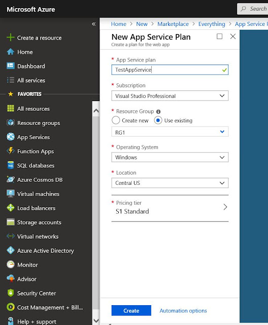 Azure App Service Plan creation | C#.NET,SQL Server and Microsoft Azure