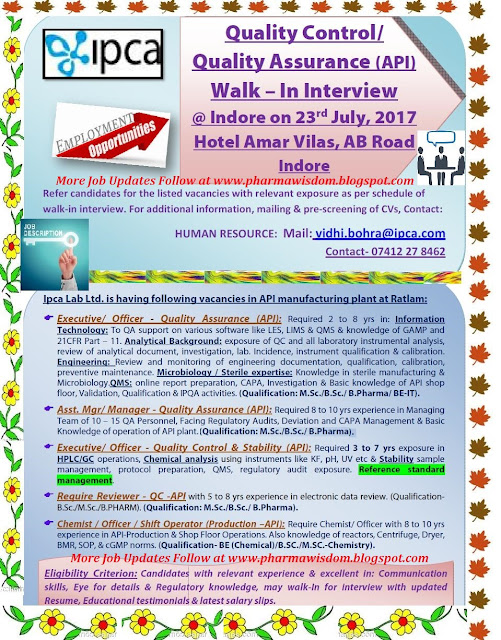 Ipca Lab Ltd - Walk-In Interview for Quality Control / Quality ...