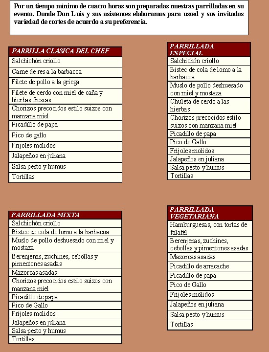 PARRILLADAS A DOMICILIO: MENÚ PARRILLADAS