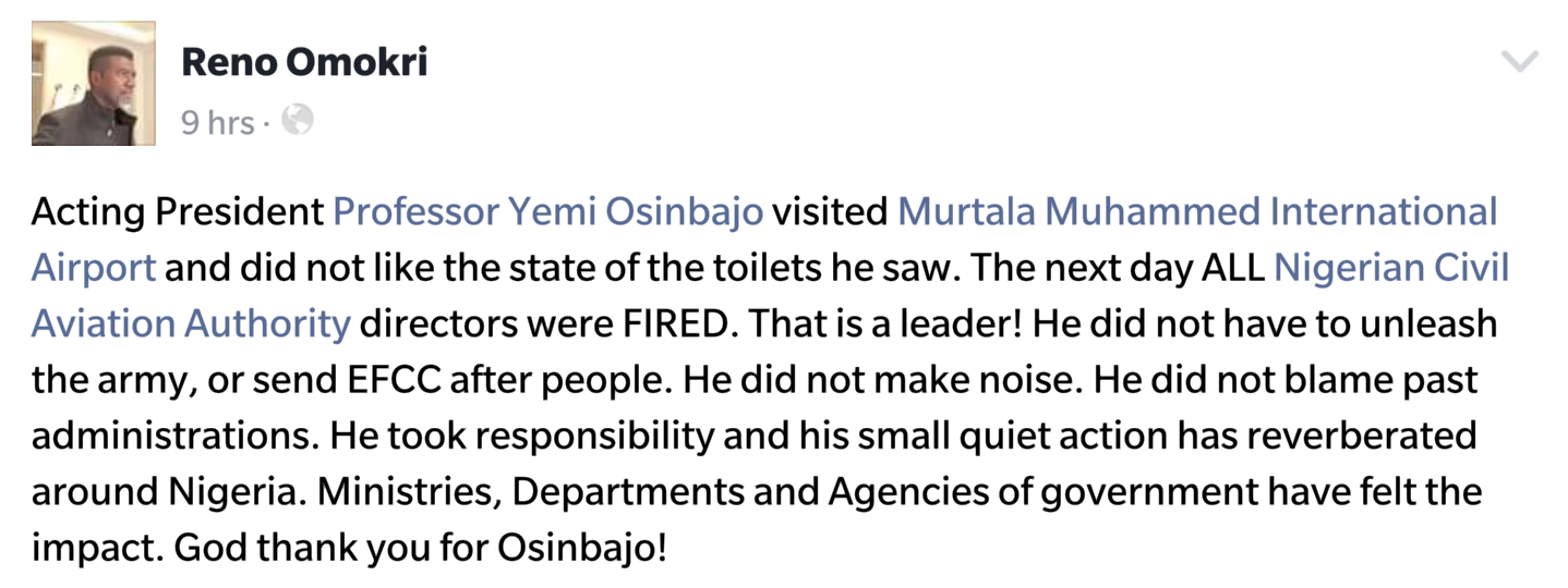 Reno Omokri again praises acting president Yemi Osinbajo