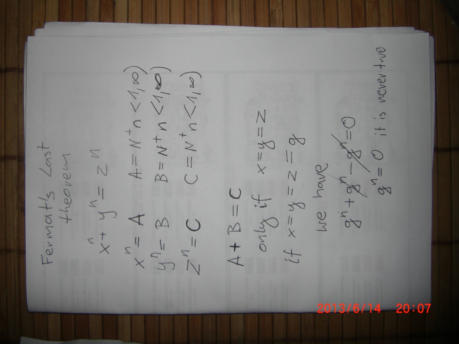 Fermat's last theorem ( half A4 evidence ) | Math Forums