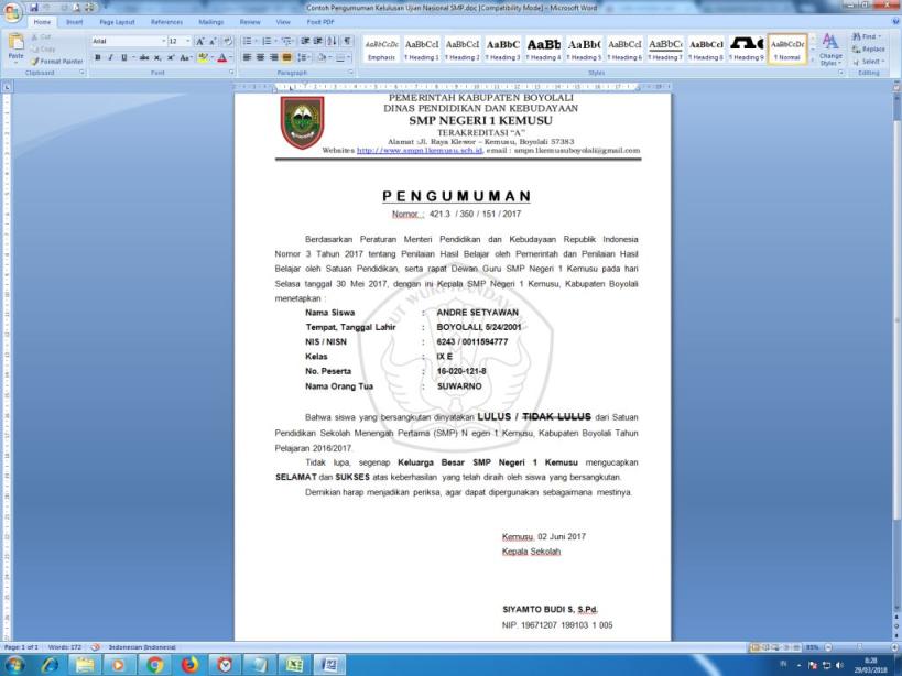 Contoh Pengumuman Kelulusan Ujian Nasional SMP - Arsip Kantor