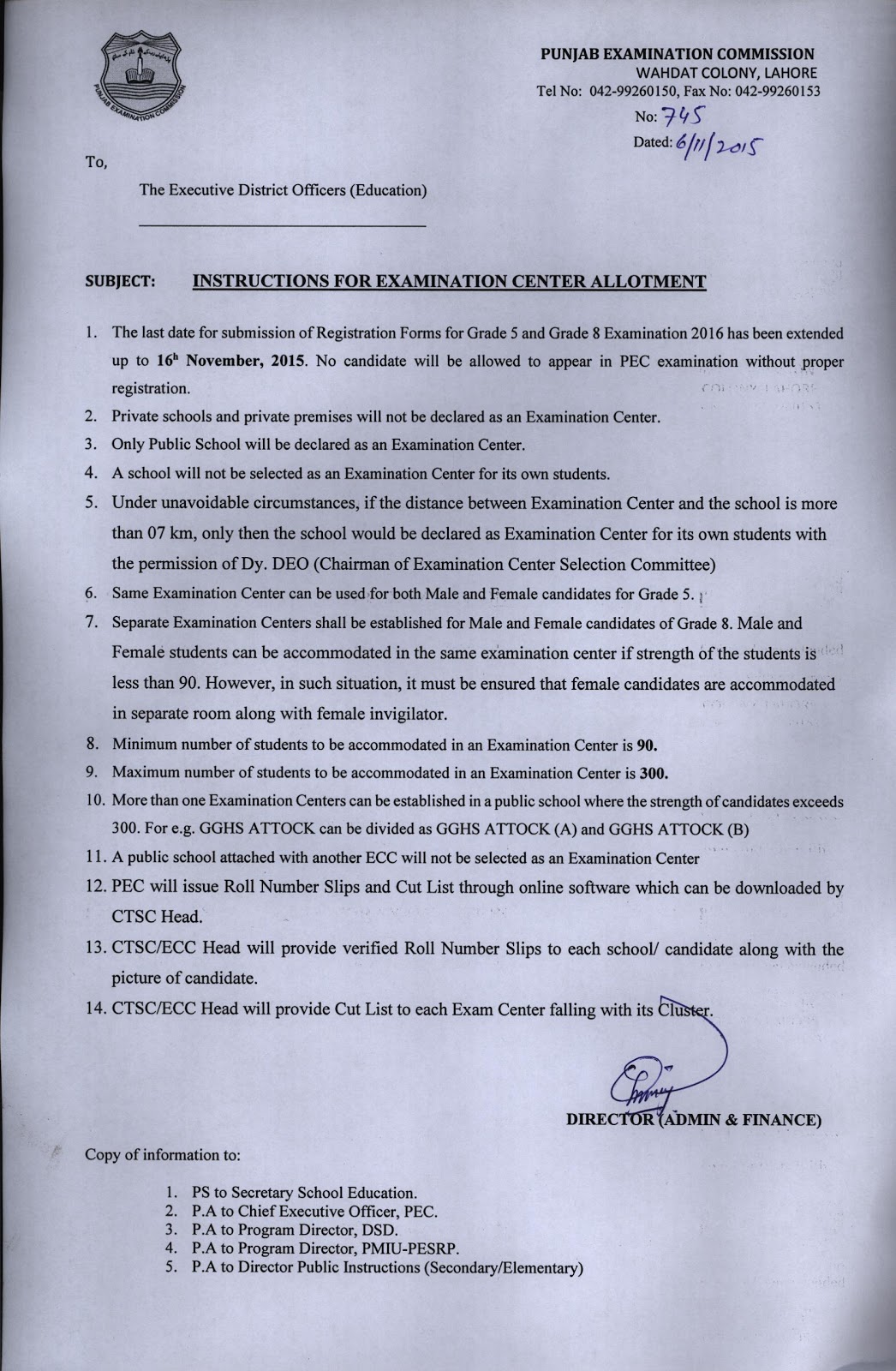 Instructions for the Examination Center Allotment for PEC Examination ...