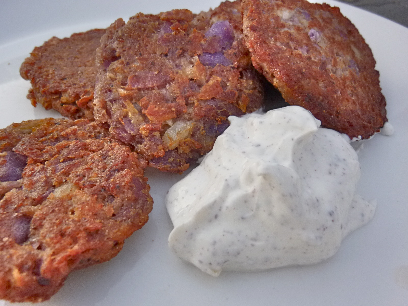 Purple Potato Latkes with Garlic Sumac Sour Cream – Diary of a Mad Hausfrau