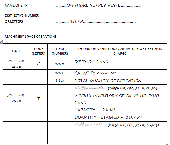 MARINE ENGINEERING: OIL RECORD BOOK ENTRIES ON OFFSHORE VESSELS