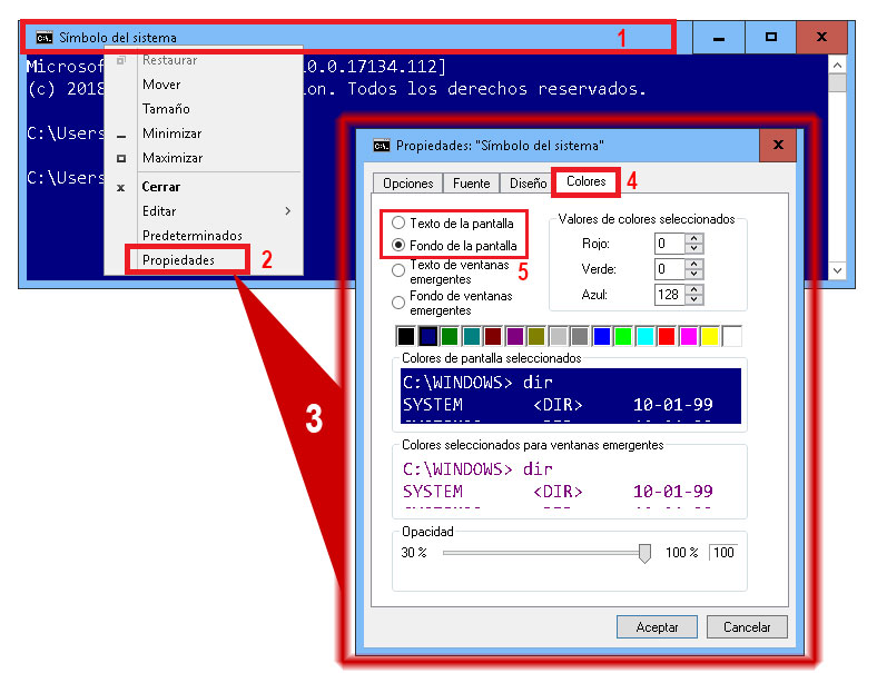 Pantallazos.es: Windows CMD: Establecer los colores de fondo y de texto personalizados. (COLOR)