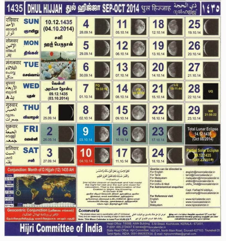 Islamic Month Discussions in English: Hijri Calendar 1435 with moon phases.