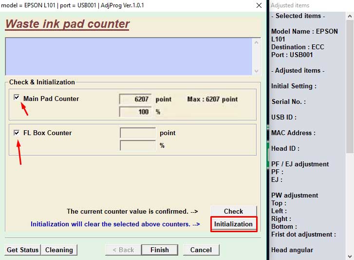 Reset almohadillas impresora EPSON L101