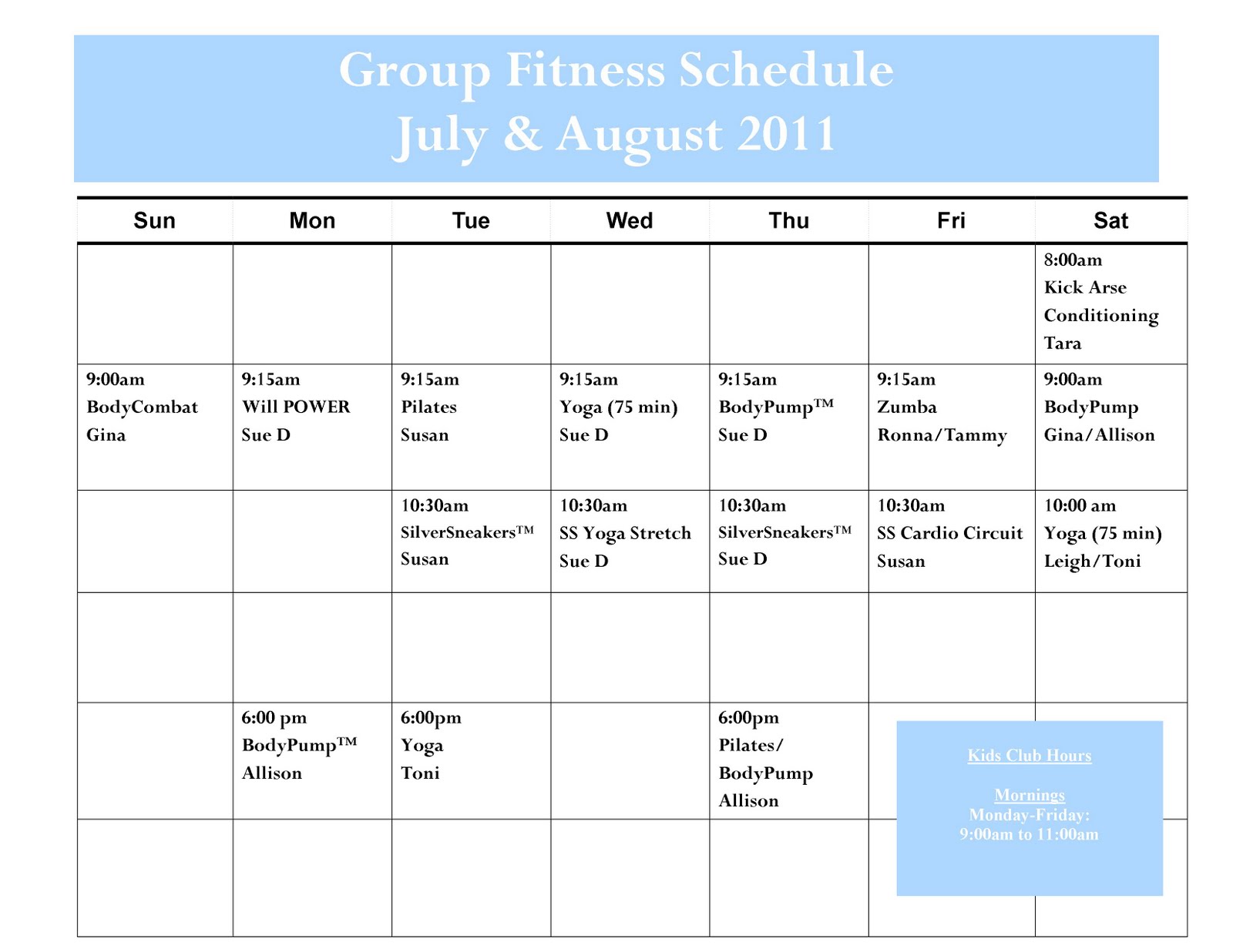 Tennis Addiction Sports Club: July and August Summer Group Fitness Schedule