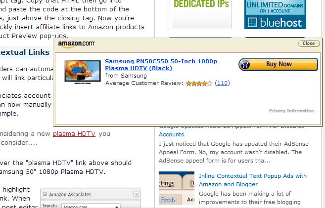 Inline Contextual Text Popup Ads with Amazon and Blogger