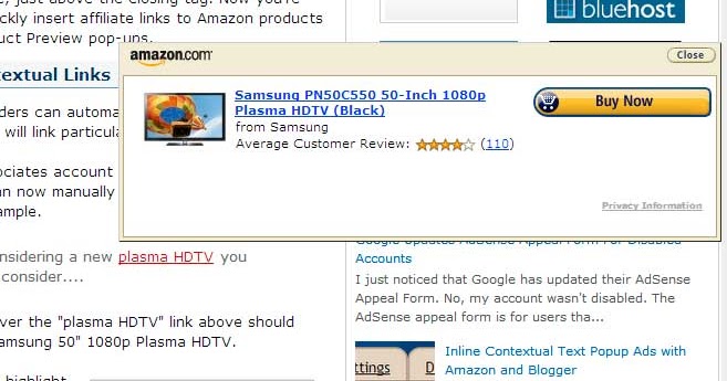 Inline Contextual Text Popup Ads with Amazon and Blogger
