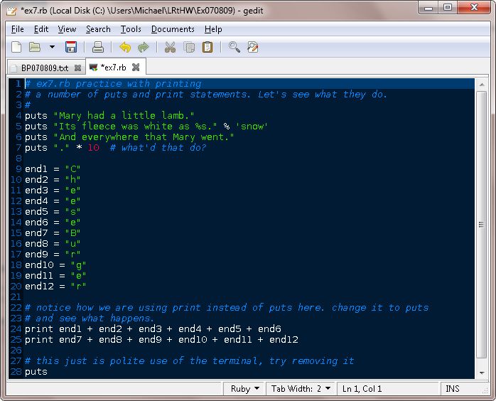 TESTHEAD: Exercise 7, 8, 9: Lots More Printing: Learn Ruby The Hard Way ...