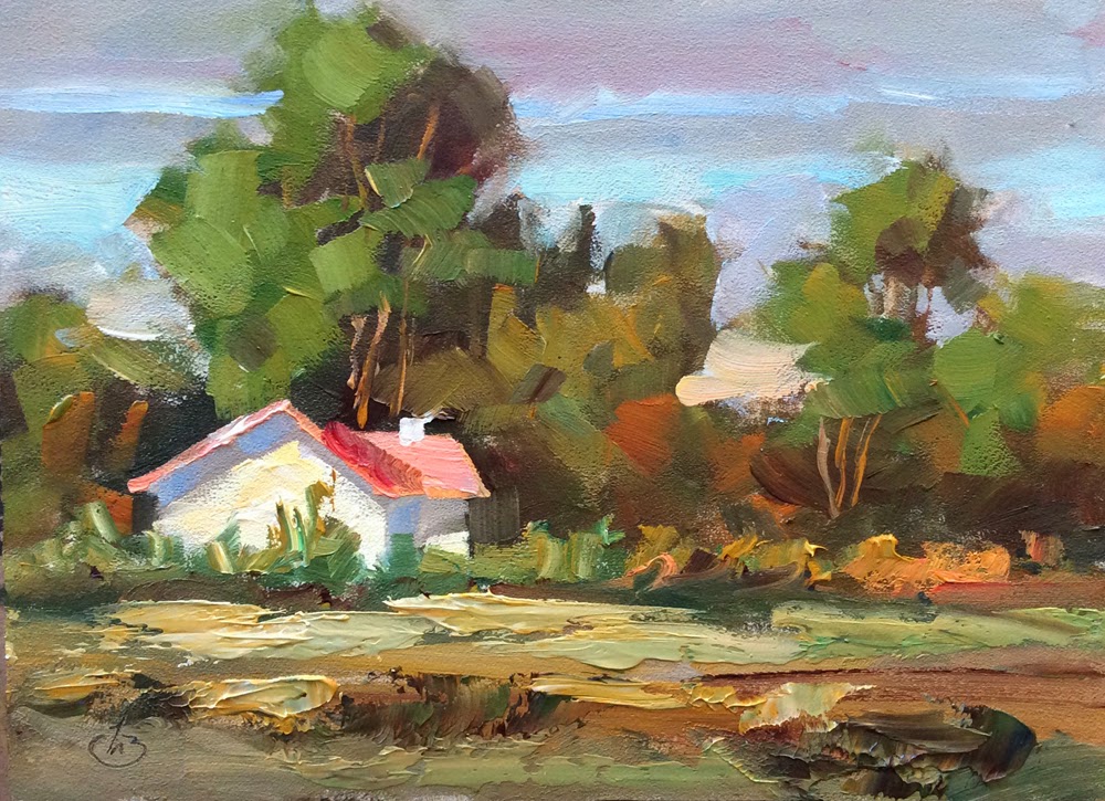 TOM BROWN FINE ART: RURAL HOME 5x7 OIL PAINTING by TOM BROWN