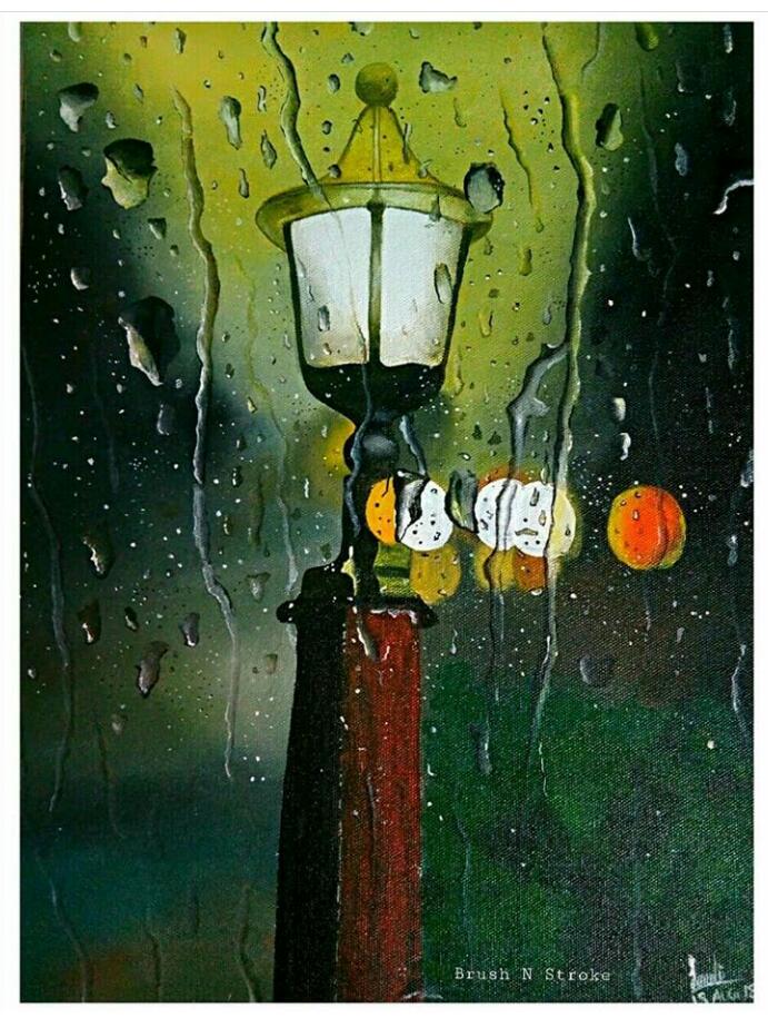 Acrylic Painting: Lamp post in the rain (Original) | Shopby.in