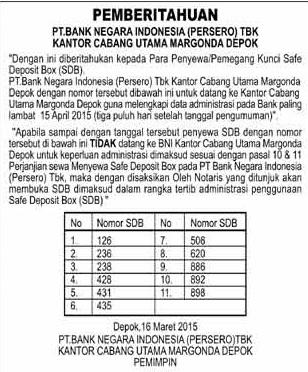 Contoh Pariwara atau Iklan Pengumuman Bank BNI