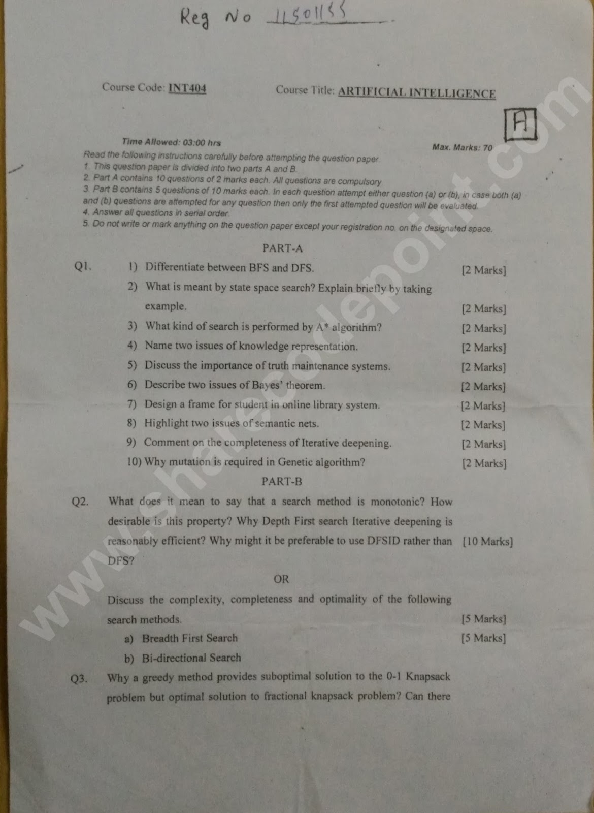 INT404 : Artificial Intelligence End Term Question Paper | INT 404 | LPU