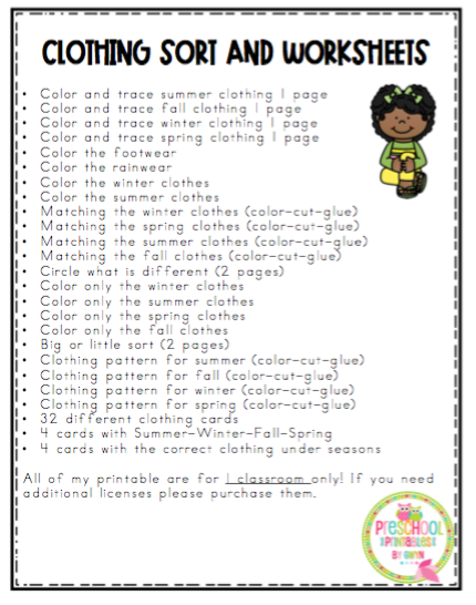 Clothing Sort and Worksheets (Updated file 26 pngs. added) ~ Preschool ...