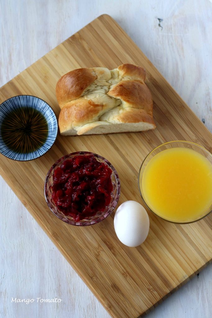 Mango & Tomato: Challah French Toast stuffed with Boozy Cranberries