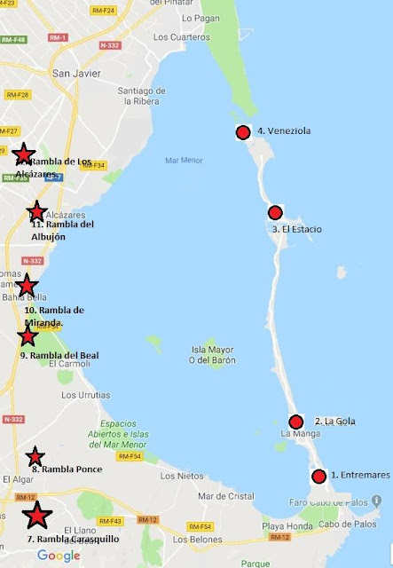 Localización de las playas y ramblas del Mar Menor