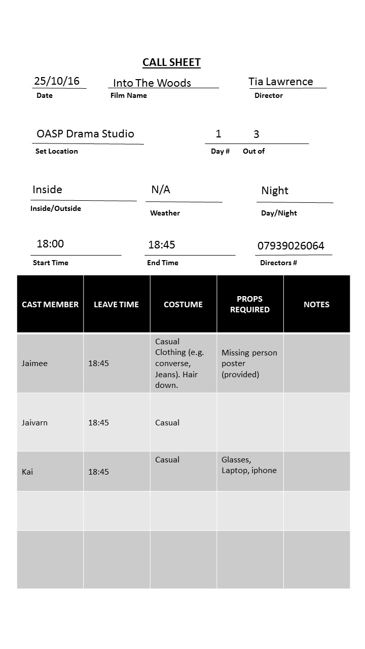 Call Sheets & Filming Schedule