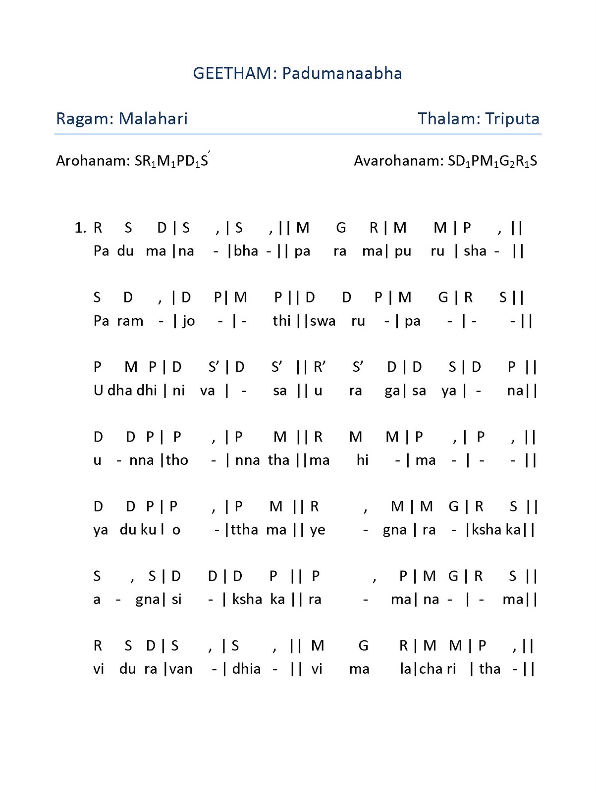 Dr. Vasundara Iyengar - Carnatic Music: GEETHAM: Padumanaabha ...