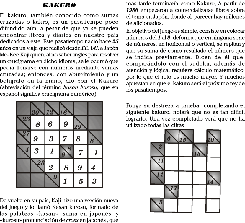 EL KAKURO - JUEGO MATEMATICO EL KAKURO - JUEGO MATEMATICO