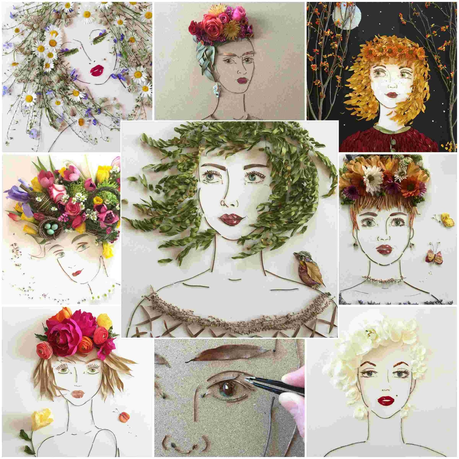 Women portraits created with leaves and natural elements - Diy Fun World
