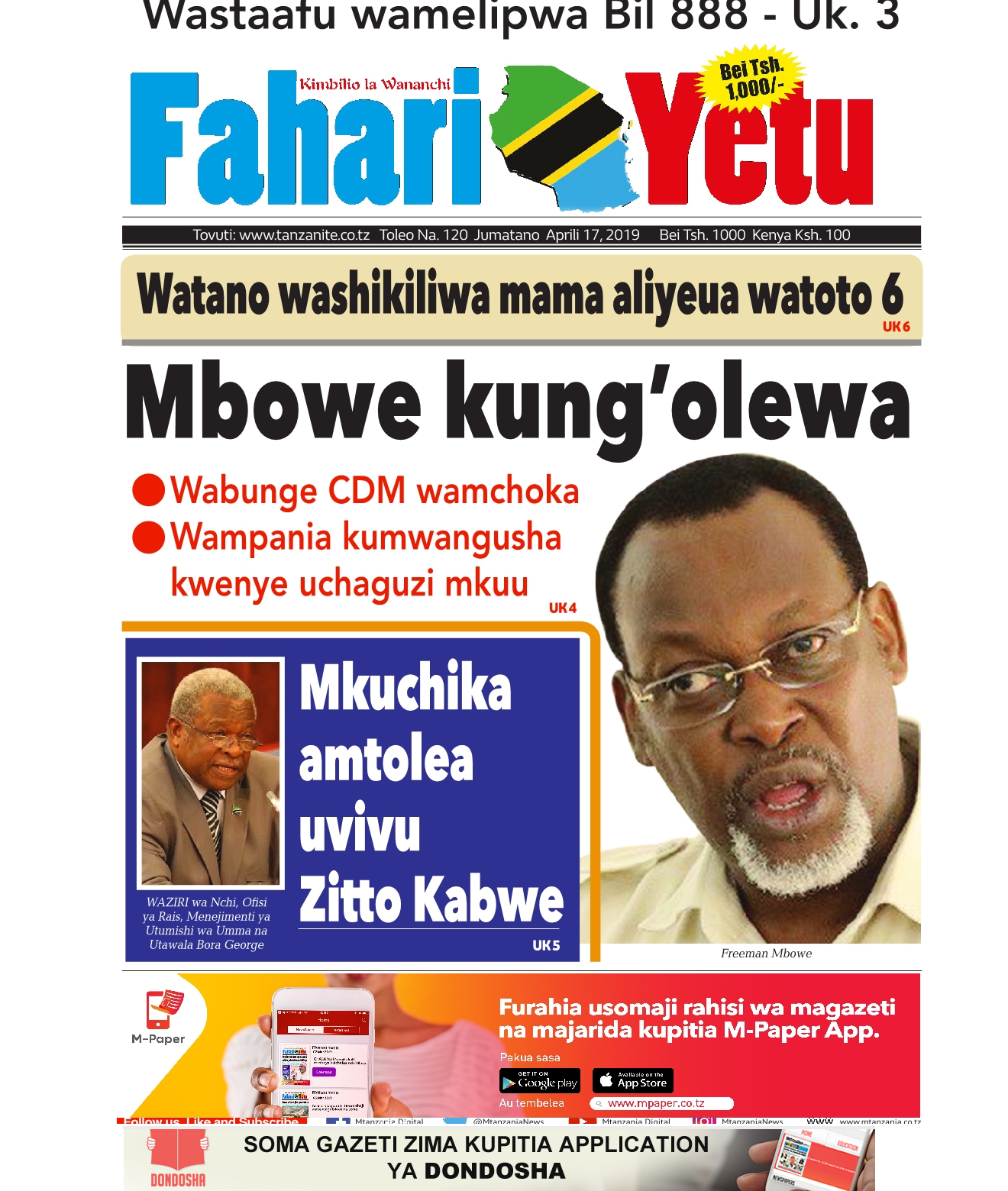Tanzanian Today's Newspapers MAGAZETI YA LEO Wednesday 17th April, 2019 ...