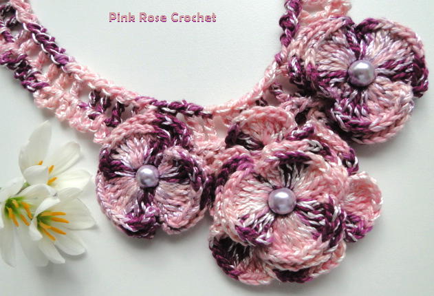 Pink Rose Crochet: Colar Rayza Crochet Flowers Necklace