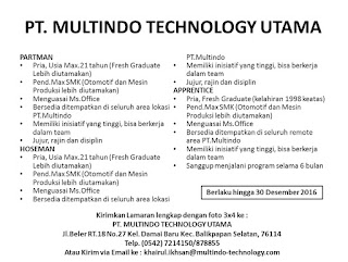 Lowongan Kerja Kota Balikpapan: Lowongan PT. MULTINDO TECHNOLOGY UTAMA