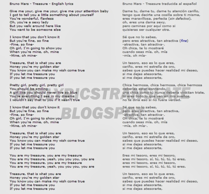 TOP LYRICS TRANSLATED CANCIONES TOP TRADUCIDAS: Bruno Mars - Treasure ...