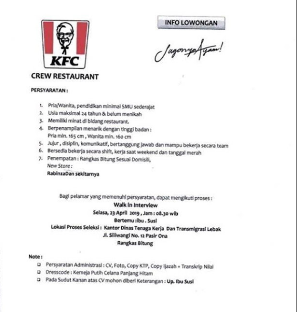 Walk In Interview Pembukaan Crew Restaurant KFC Lebak April 2019 – Info ...