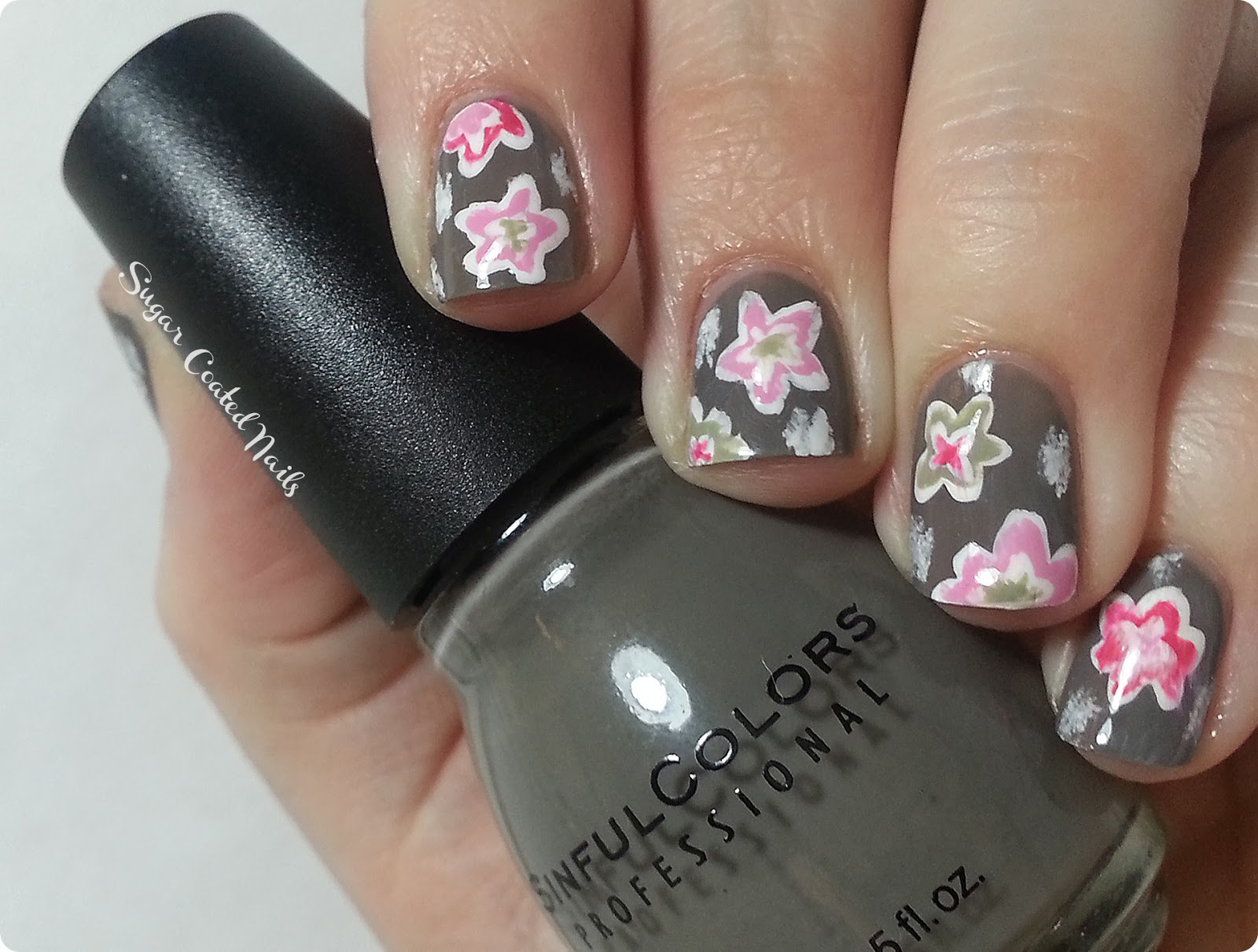 Gray and Pink Flowers ~ Sugar Coated Nails