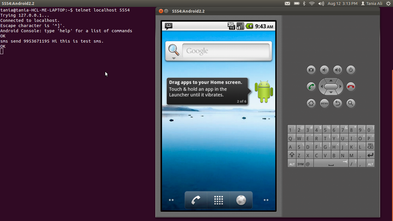 Send SMS on Android Emulator using telnet.