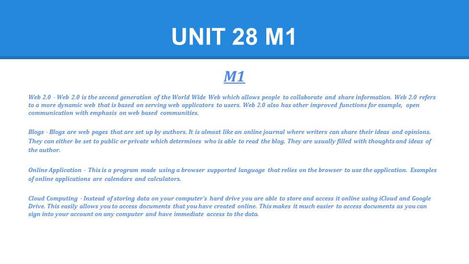 A-Level ICT: Unit 28 P1, M1, D1
