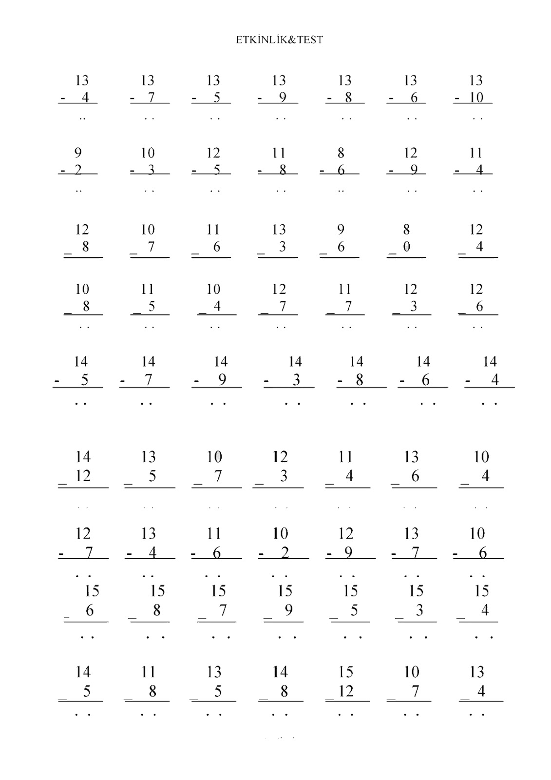 1. Sınıf Matematik Çıkarma İşlemi Alıştırma Etkinliği - Ders Kitabı ...