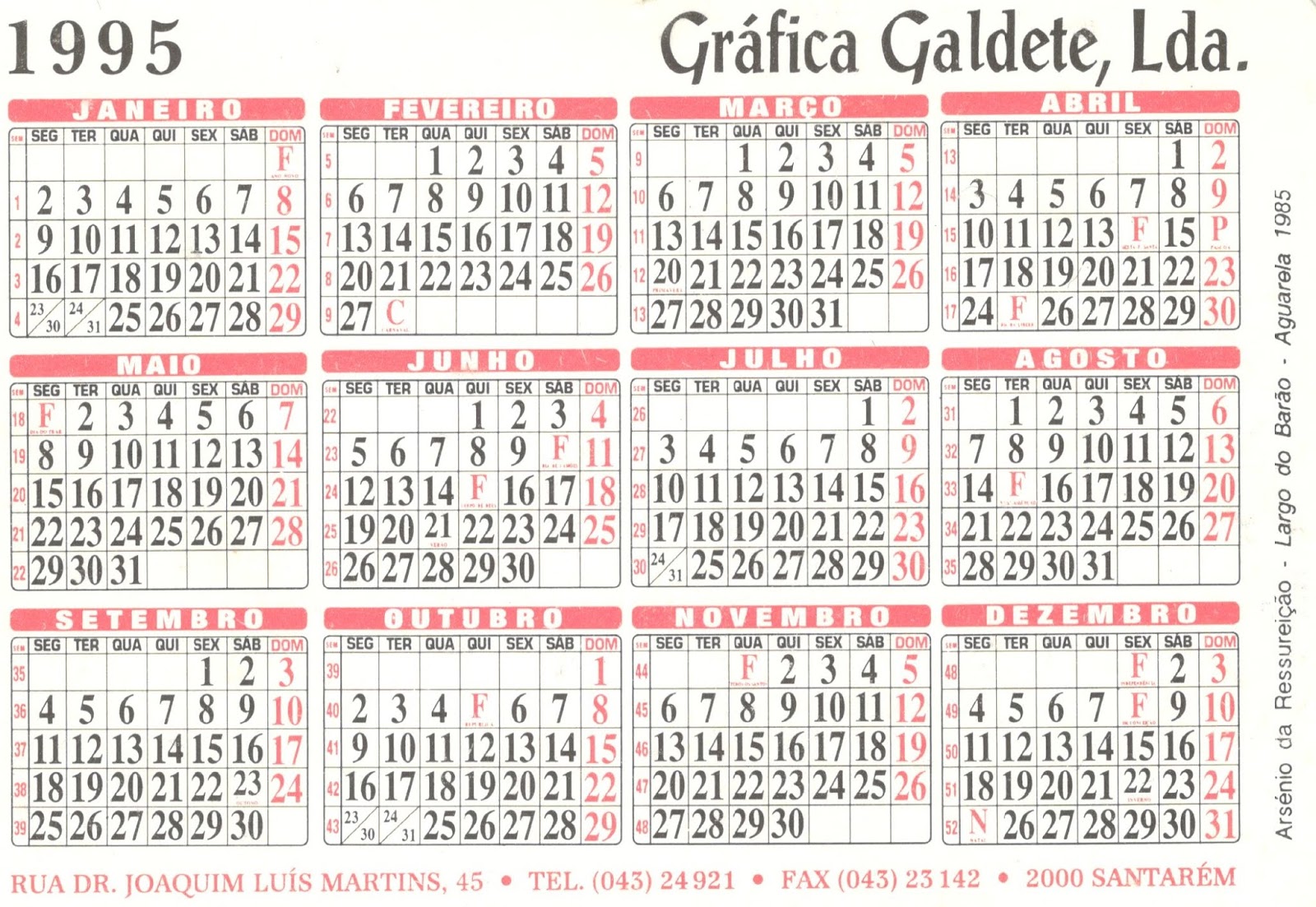 Calendário de bolso da Gráfica Galdete – 1995 – scalabis.net