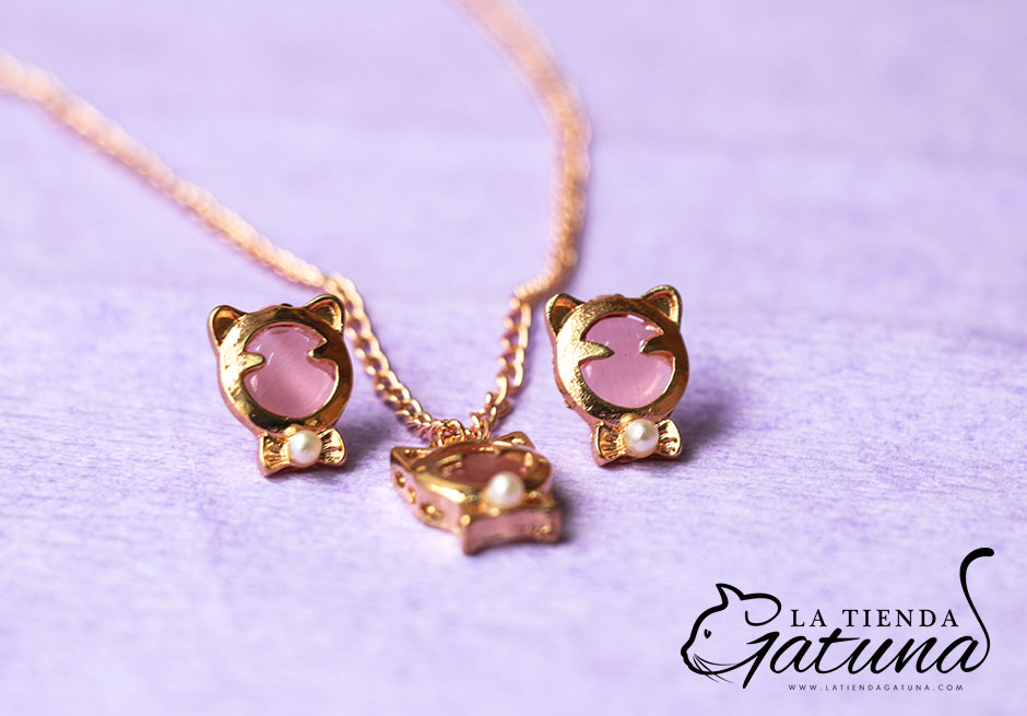 Cadena y Aretes Gato con perlita Ref. 033 - La Tienda Gatuna ...