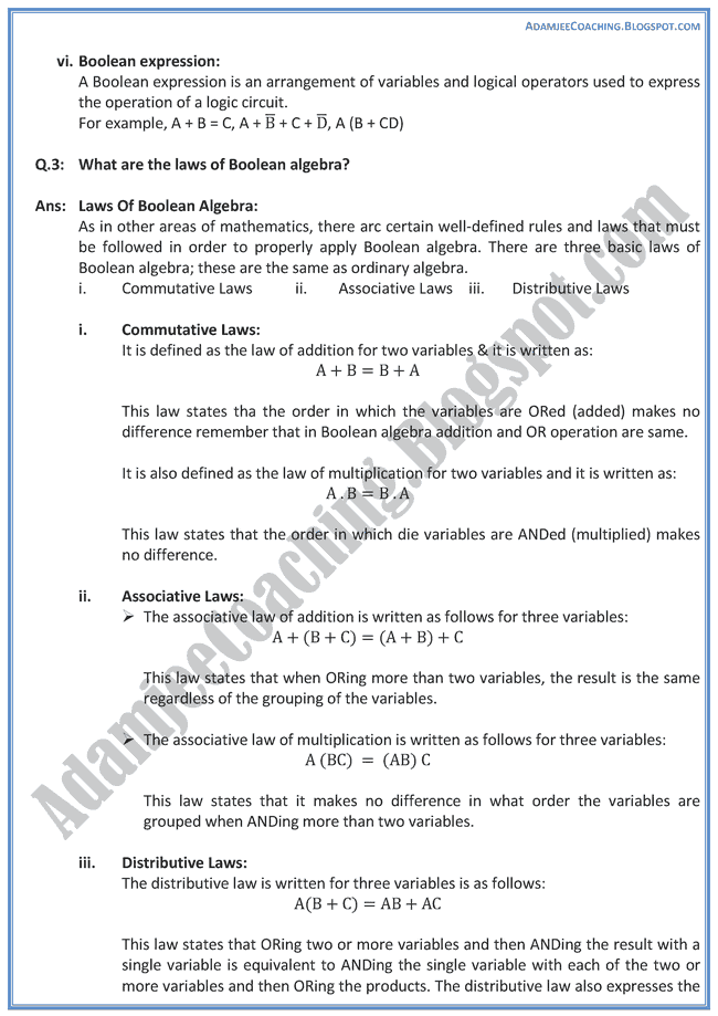 Adamjee Coaching: Boolean Algebra - Descriptive Question Answers ...