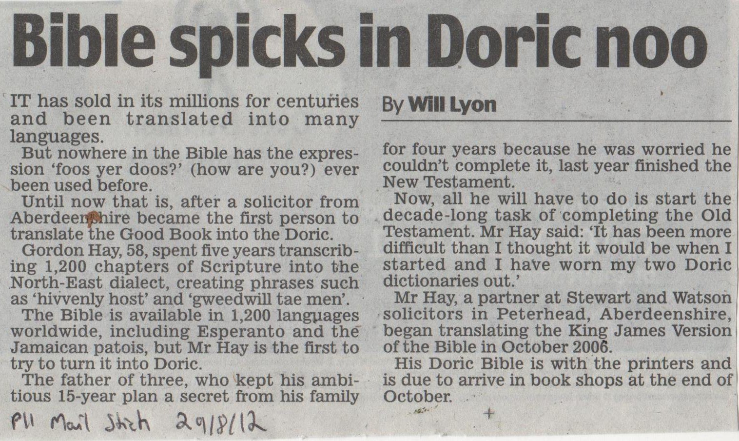 The Essentials: Scot converts New Testament into Doric, the local ...