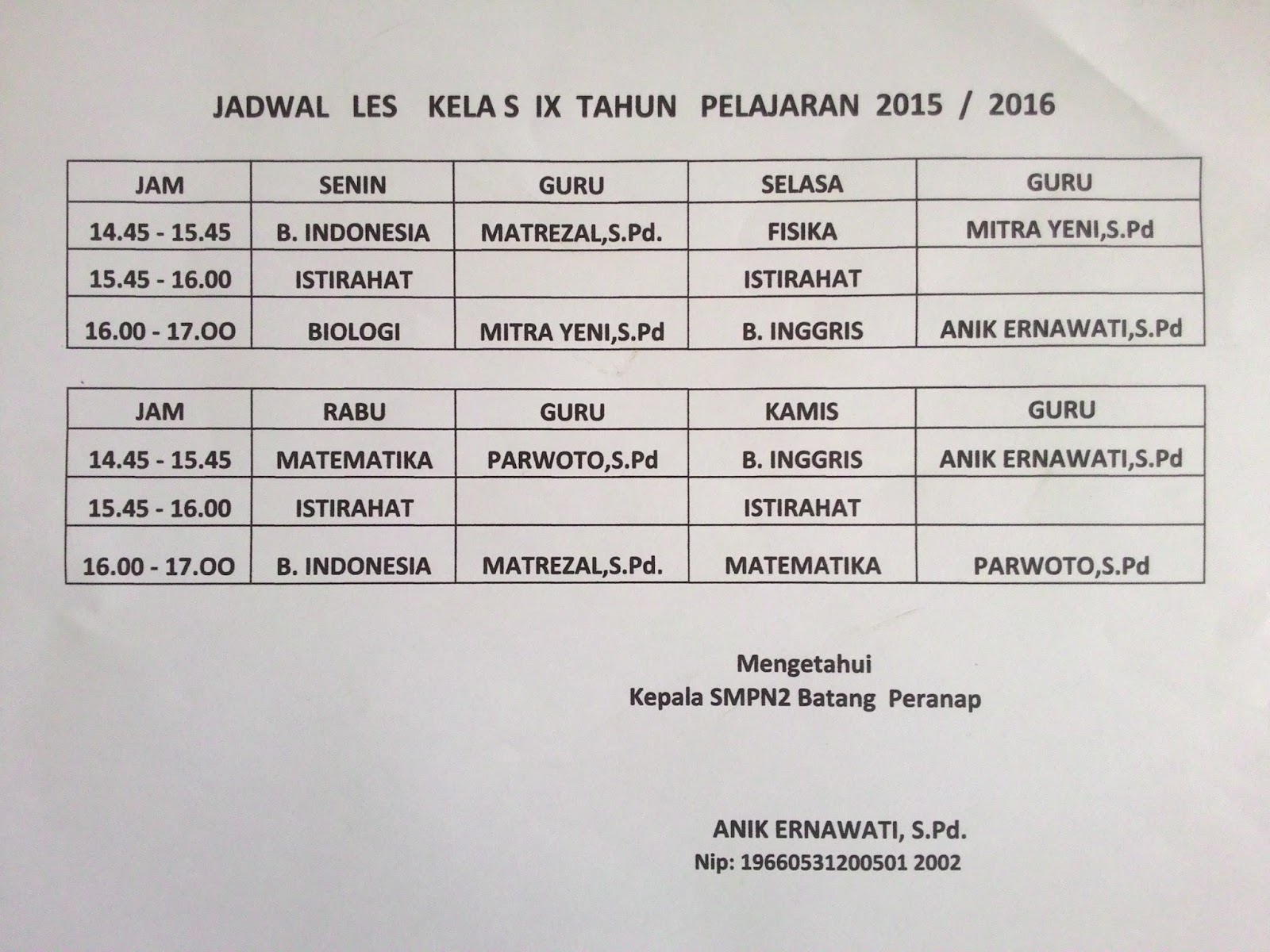 JADWAL LES KELAS IX - SMP NEGERI 2 BATANG PERANAP