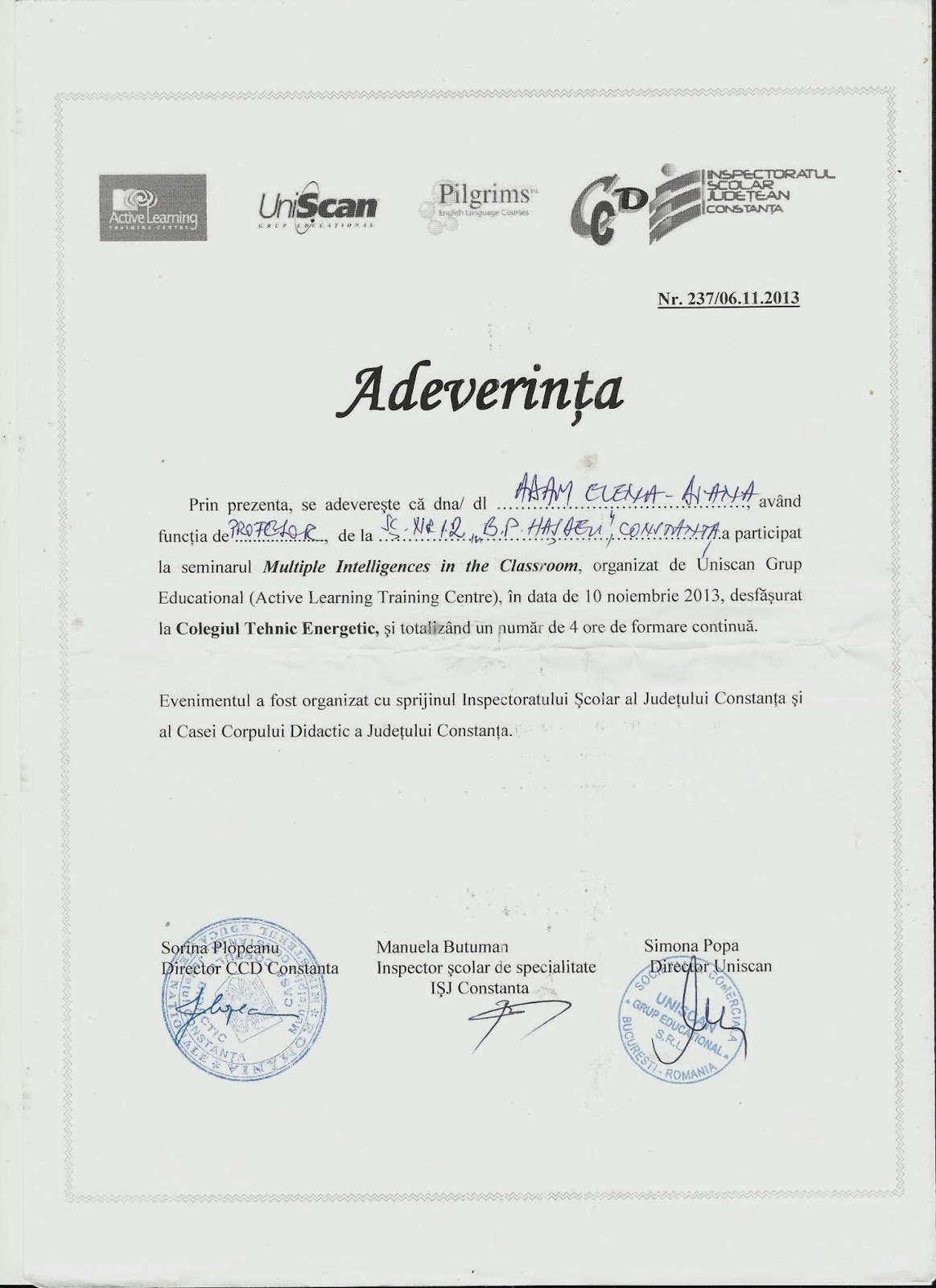 COLŢUL PROFESORULUI: participare seminar