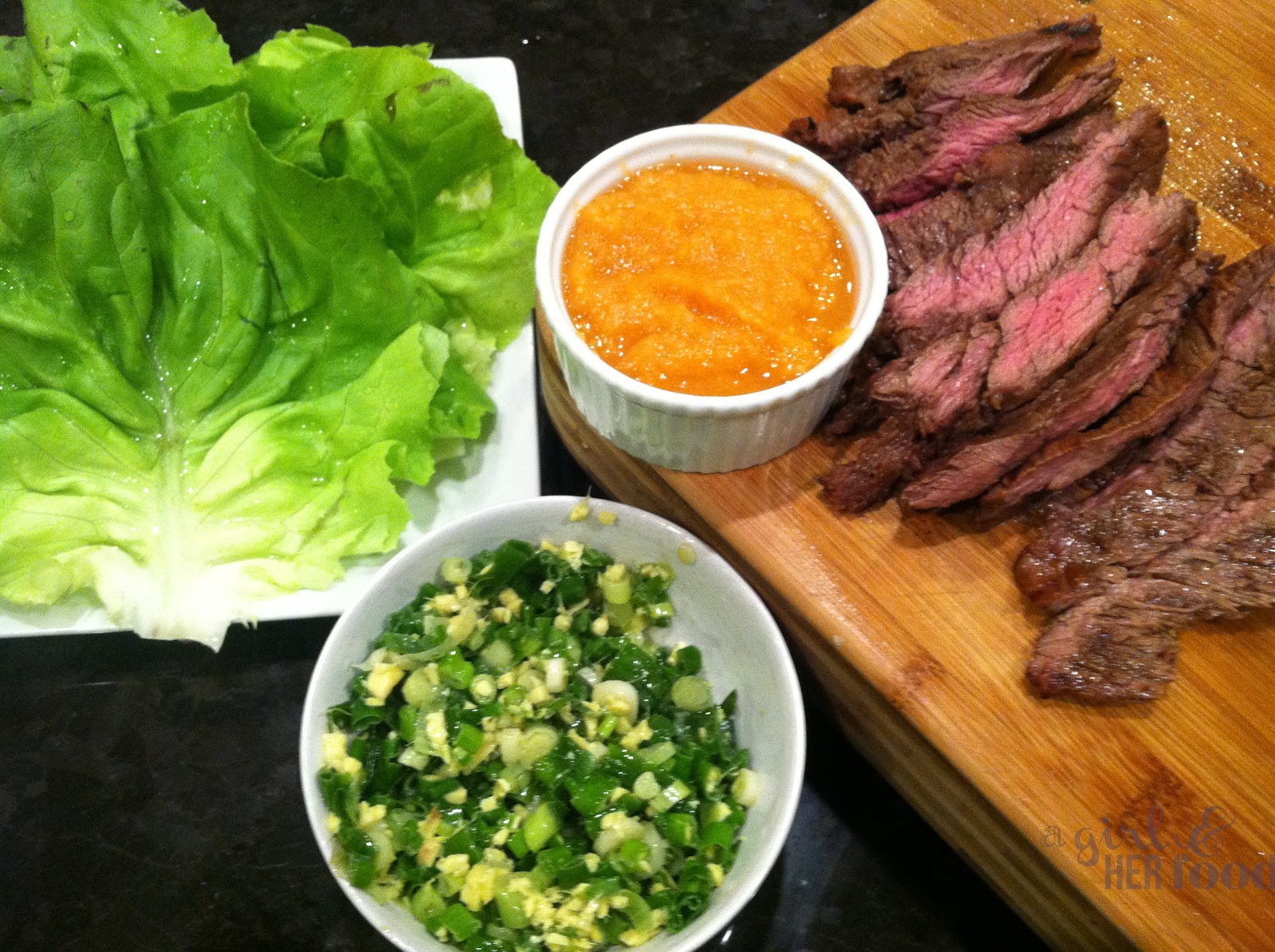 A Girl & Her Food: marinated hanger steak ssam with red kimchi puree ...