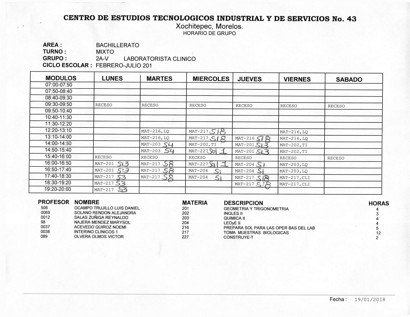 CETis 43 : HORARIOS 2do SEMESTRES