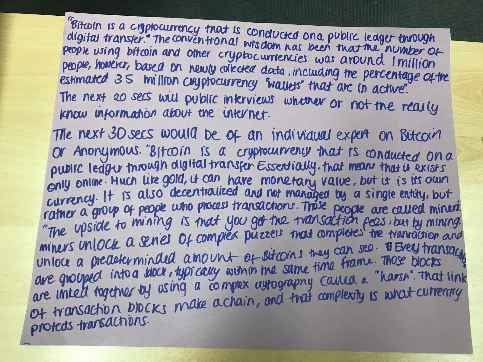 Writing out our 3 column script- Faye