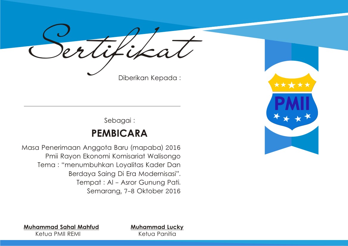 Sertifikat - MAPABA PMII RAYON EKONOMI KOMISARIAT WALISONGO | Sanim Art